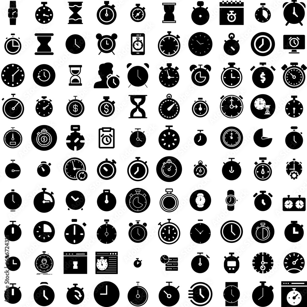 Collection Of 100 Stopwatch Icons Set Isolated Solid Silhouette Icons Including Time, Stop ...