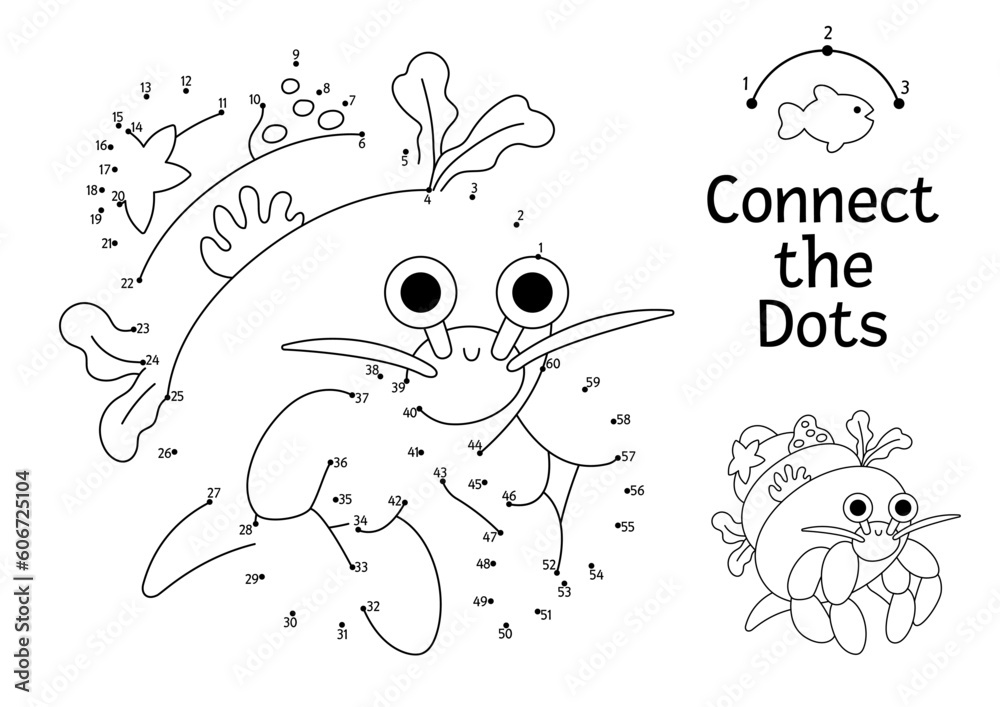 Vector dot-to-dot and color activity with cute hermit crab. Under the ...