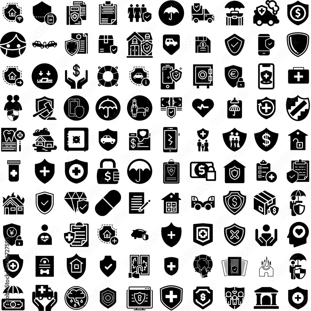 Collection Of 100 Insurance Icons Set Isolated Solid Silhouette Icons ...