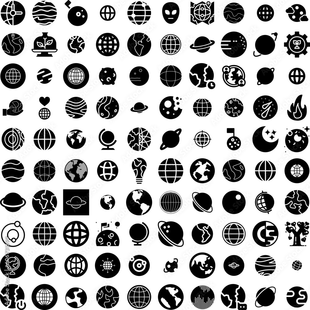 Collection Of 100 Planet Icons Set Isolated Solid Silhouette Icons ...