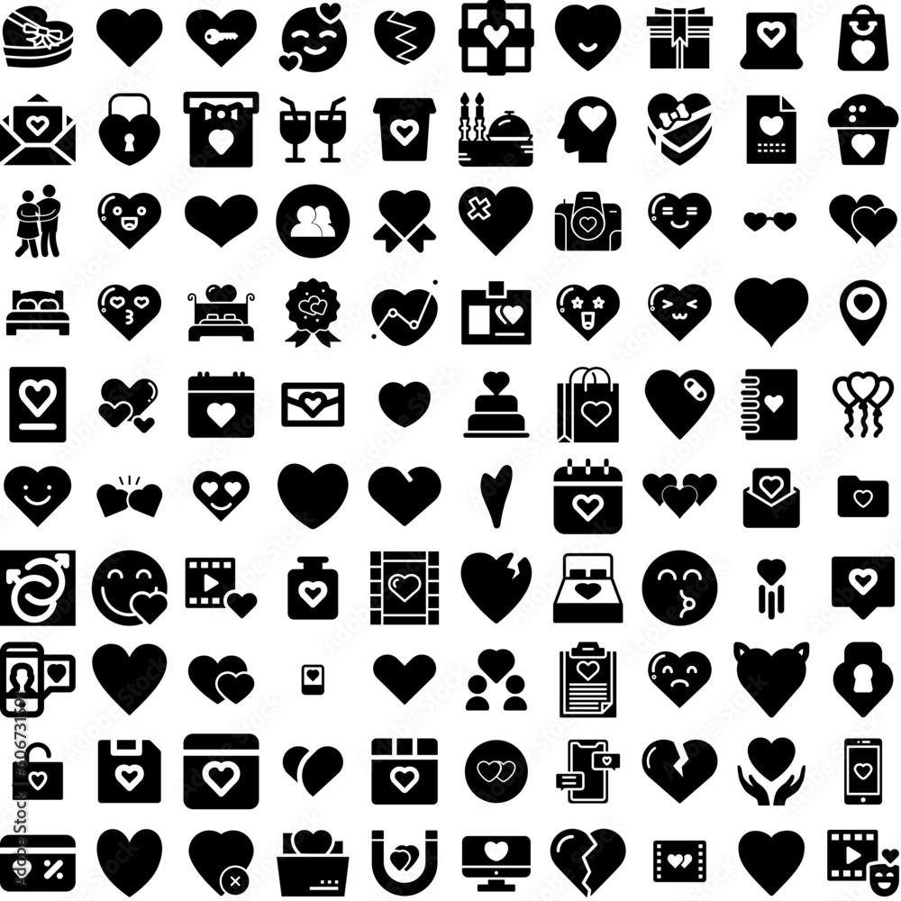 Collection Of 100 Romance Icons Set Isolated Solid Silhouette Icons ...