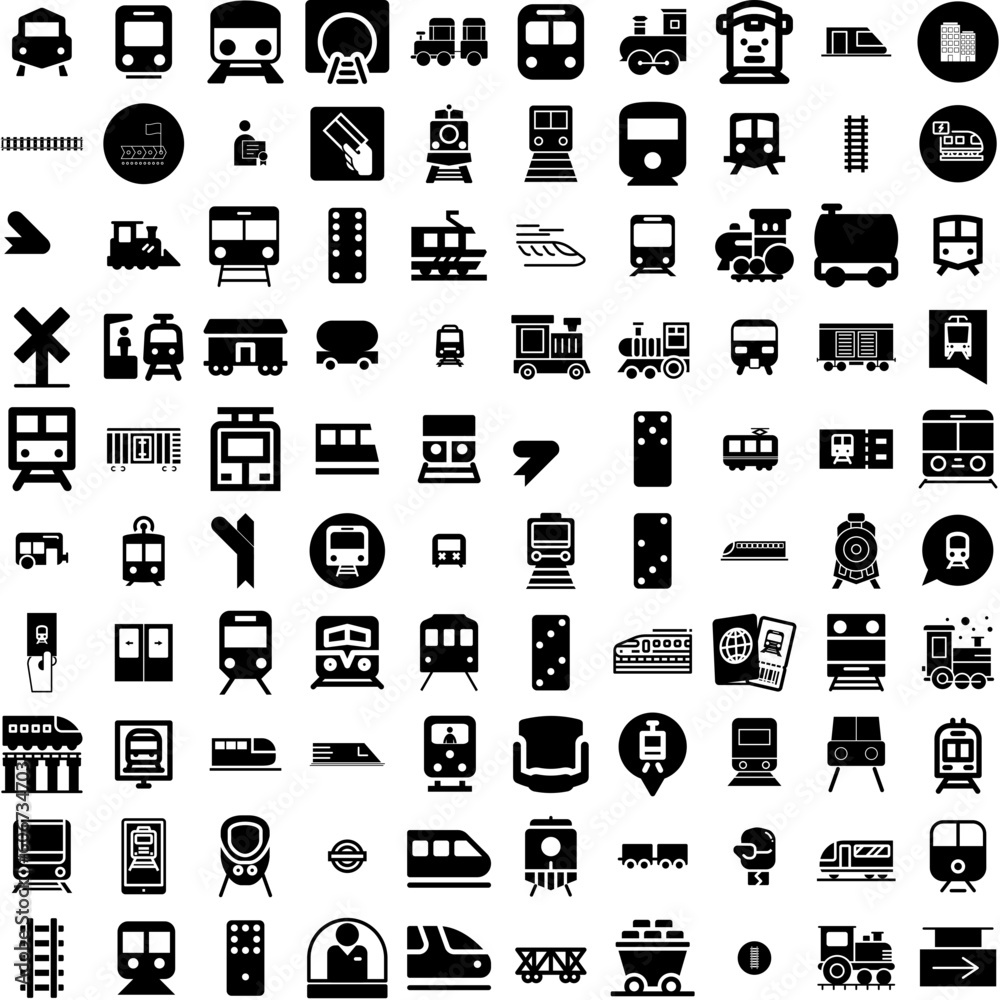 Collection Of 100 Train Icons Set Isolated Solid Silhouette Icons ...