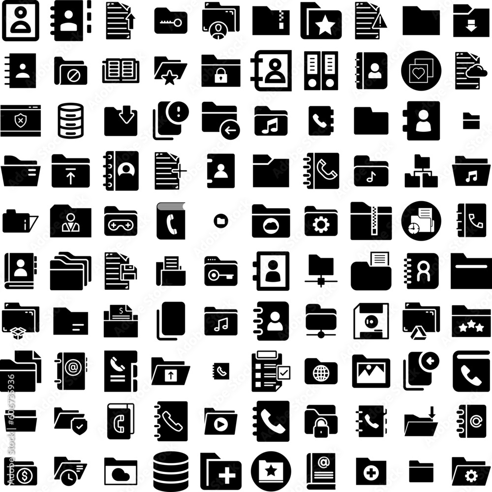 Collection Of 100 Directory Icons Set Isolated Solid Silhouette Icons ...