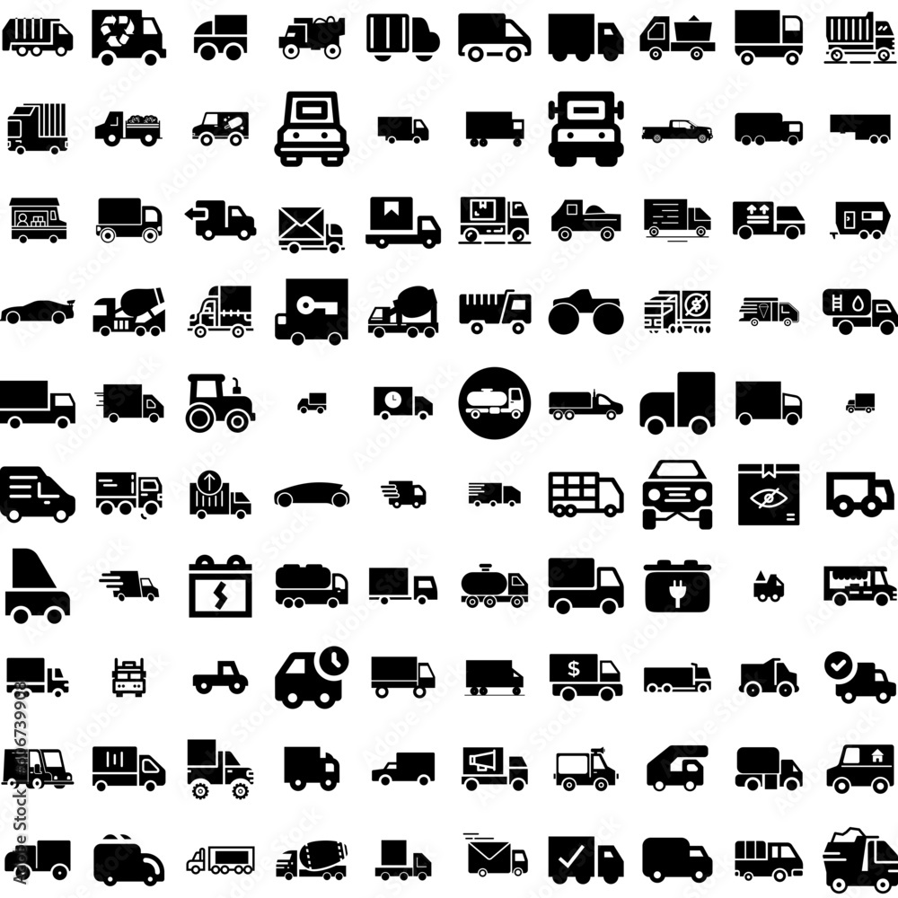 Collection Of 100 Truck Icons Set Isolated Solid Silhouette Icons ...