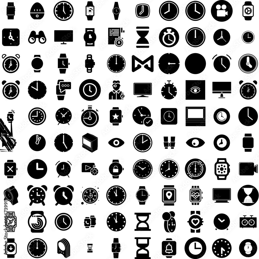 Collection Of 100 Watch Icons Set Isolated Solid Silhouette Icons ...