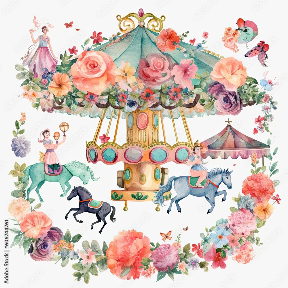 Carousel horse and watercolor flowers. Carousel horse watercolor art ...
