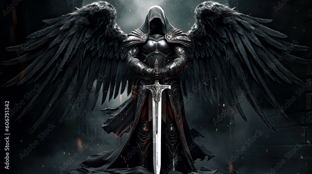 Dark angel holding big silver sword at dark fantasy scene ...