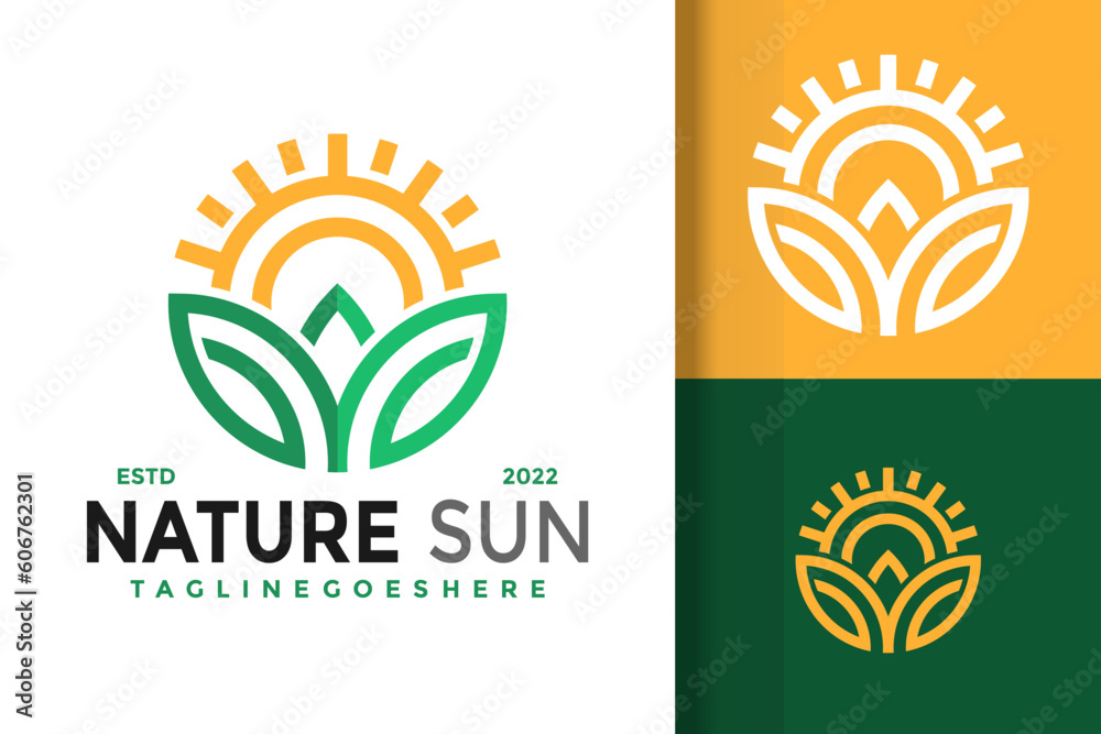 Nature sun logo vector design with an editable title, tagline and text ...