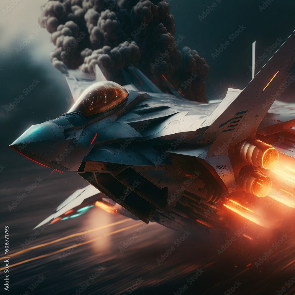 High-speed fighter jet in motion, leaving dynamic trails behind ...