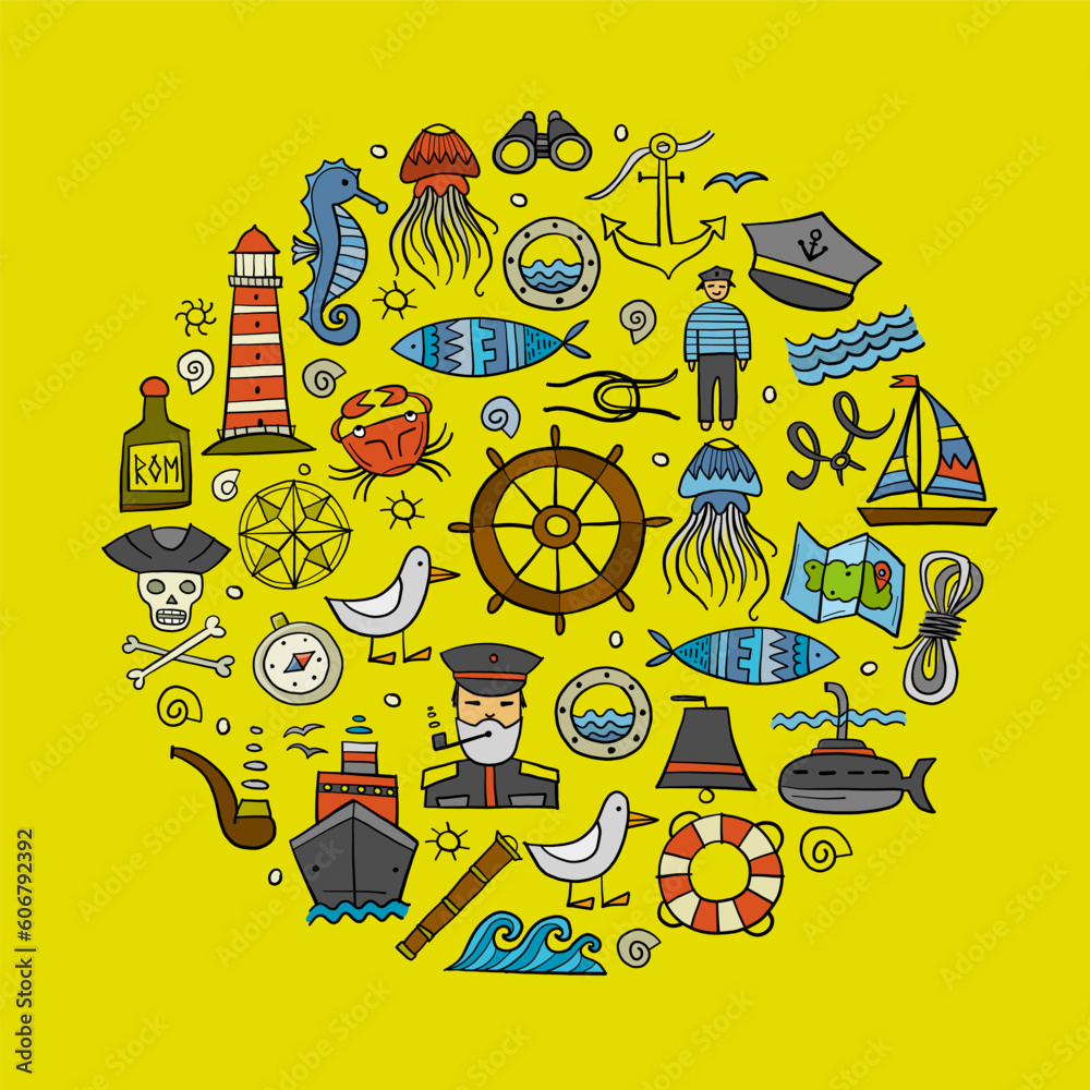 Nautical icons of navigator, ship and captain, lighthouse and sailor ...
