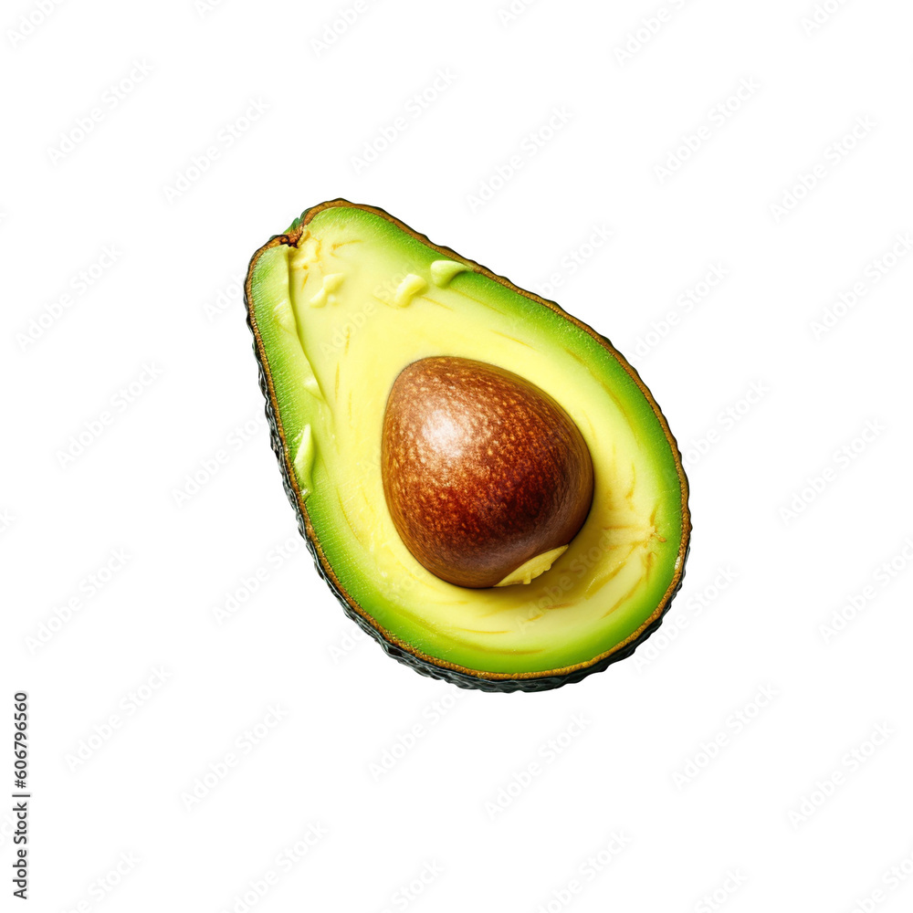 whole and half fresh avocado fruits with kernel and seed isolated on ...