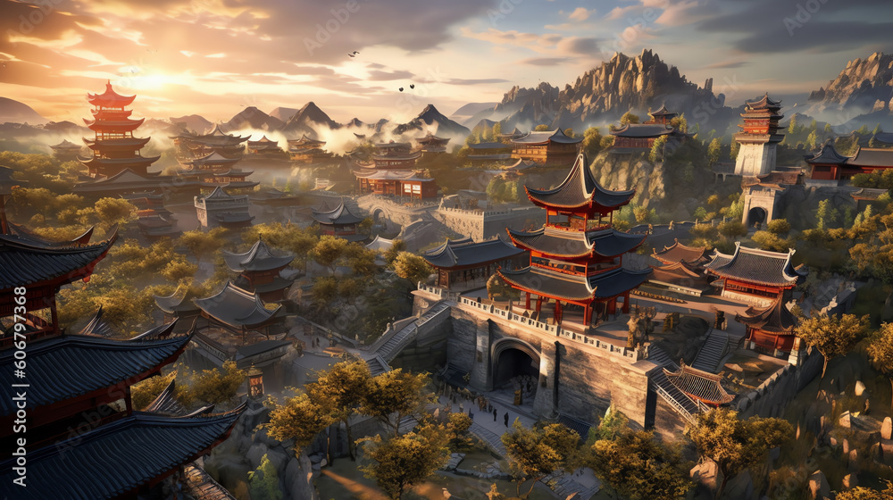The exploration of a grand Chinese city in ancient time. generative AI ...