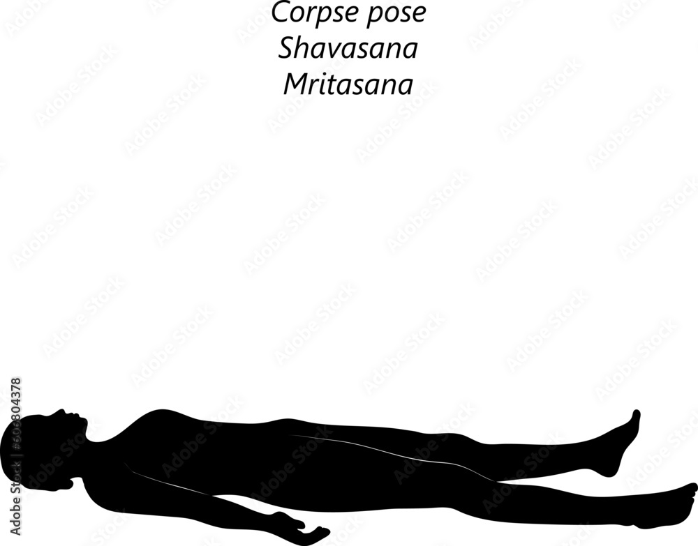 Flat black silhouette of young woman practicing yoga, doing Corpse pose ...