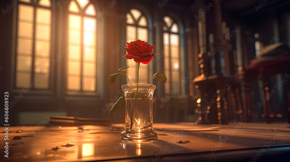red rose standing alone in a long jar in an old library with a lot of ...