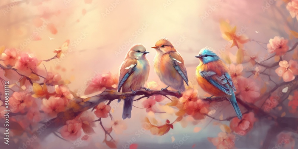 Three beautiful birds sitting on a tree branch with flowers, background ...