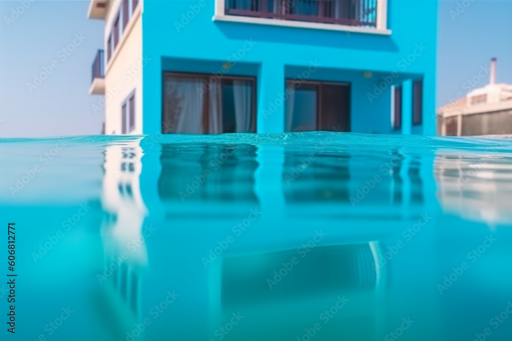 View from the pool above the water level, Clear water of pure blue ...
