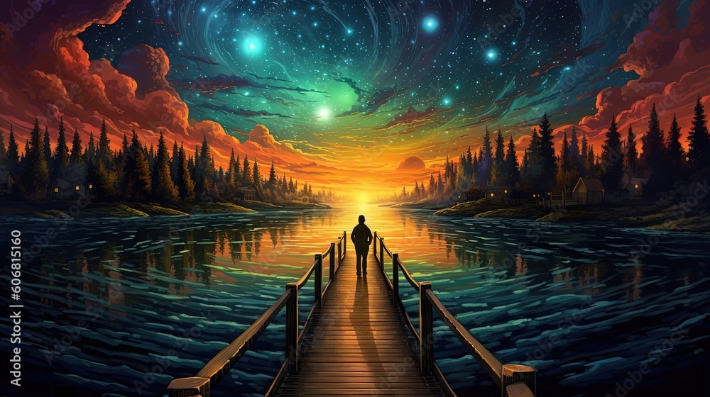 illustration of a man or woman standing on wooden dock way path at ...