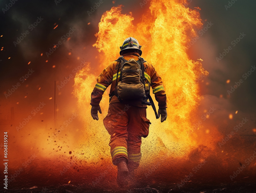 A firefighter complete with firefighting suit and gear is bravely ...