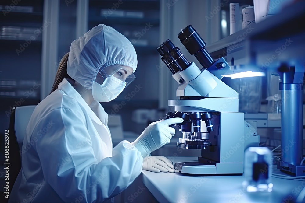 Side view of female biomedical scientist in protective mask and gloves ...