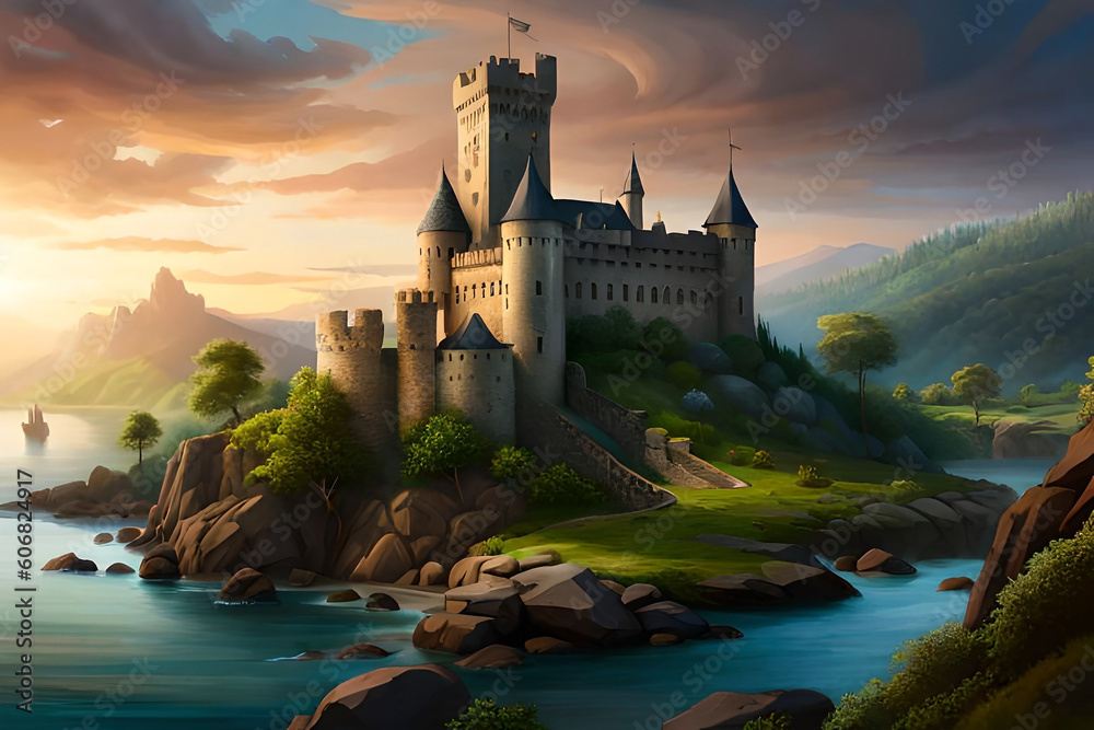 A breathtaking medieval castle perched on a towering cliff, overlooking ...