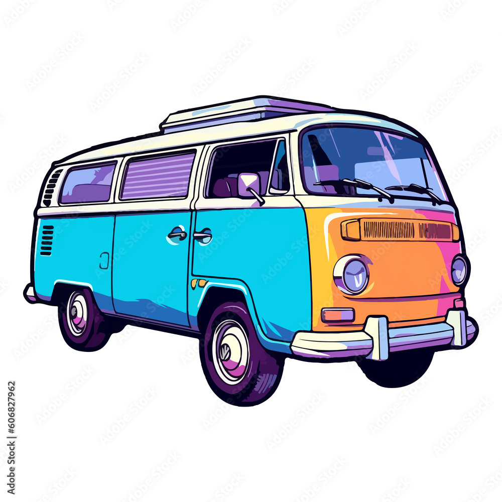 Colorful Retro Minivan Camper Car Modern Pop Art Style Retro Minivan Camper Car Sticker Pastel