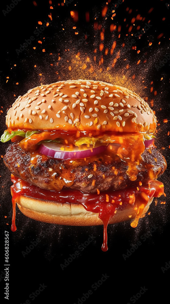 Burger burns marks on bread oil juicy chili sauce on black background ...