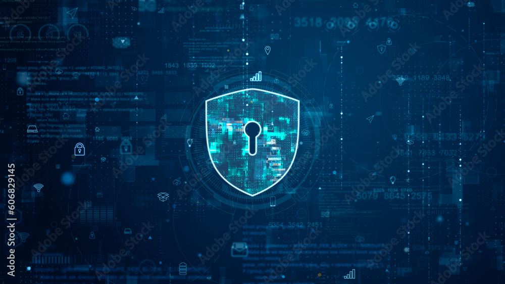Blue digital security shield logo and futuristic circle HUD with big ...