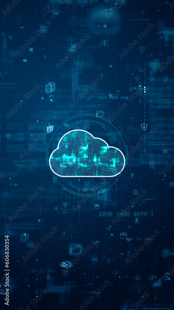 Blue Digital Cloud Computing Logo And Futuristic Circle Hud With Big Data Processed On Grid Line