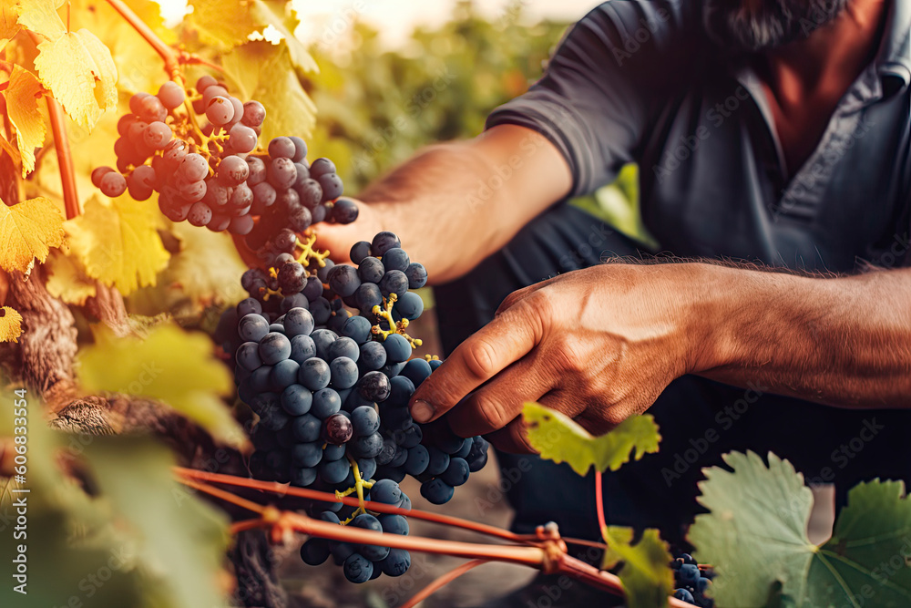 Farmer male hands picking grape, grapes harvest. Generative AI Stock Illustration | Adobe Stock
