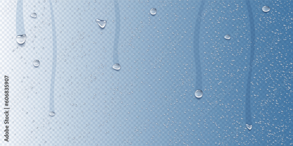 Rain water. Droplets on glass window. Steam of drops. Vapor in wet ...