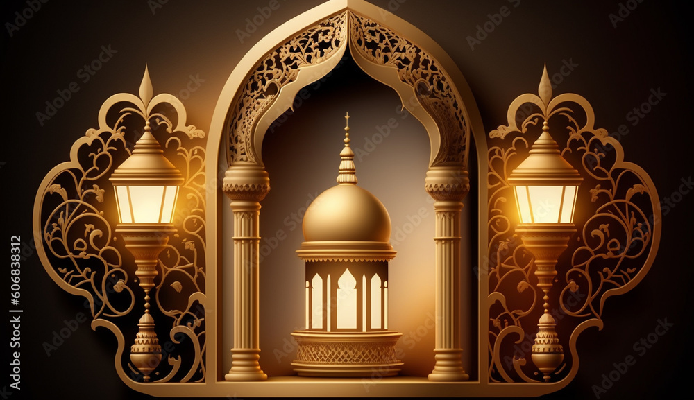 islamic background with moon lanterns and mosque for ramadan eid ul ...
