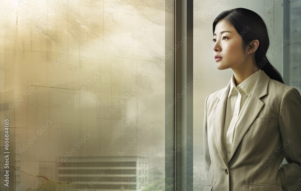 Young beautiful Asian female manager in elegant business suit ...