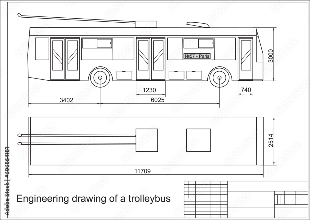 Vector engineering drawing of a trolleybus with dimensional lines and ...