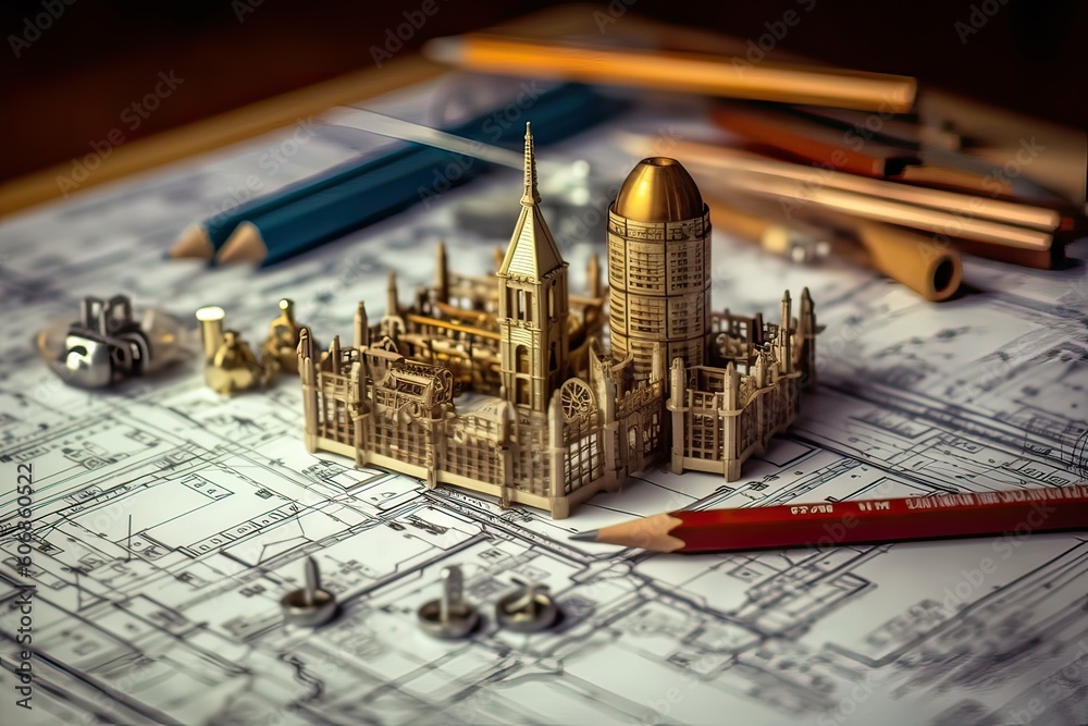 architect table with architectural structure stuff tools equipment ...