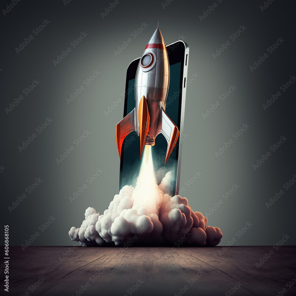 Rocket on coming out of mobile screen, cell phone, startup concept ...