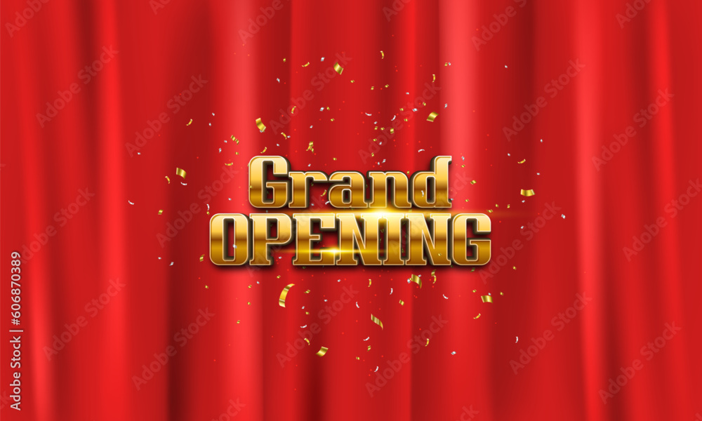 Grand opening logo with confetti on red curtain background. Ceremony ...