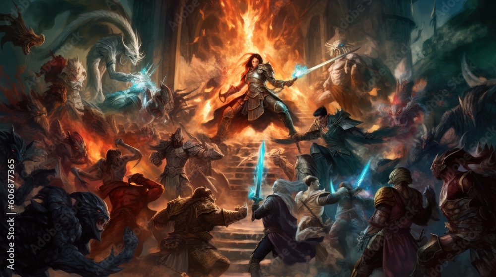 Epic fantasy battle between different races and factions, featuring ...