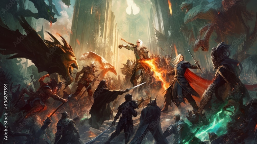 Epic fantasy battle between different races and factions, featuring ...
