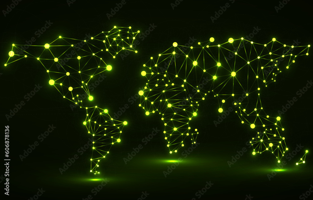 Technology polygonal world map. Global earth map with glowing dots and ...