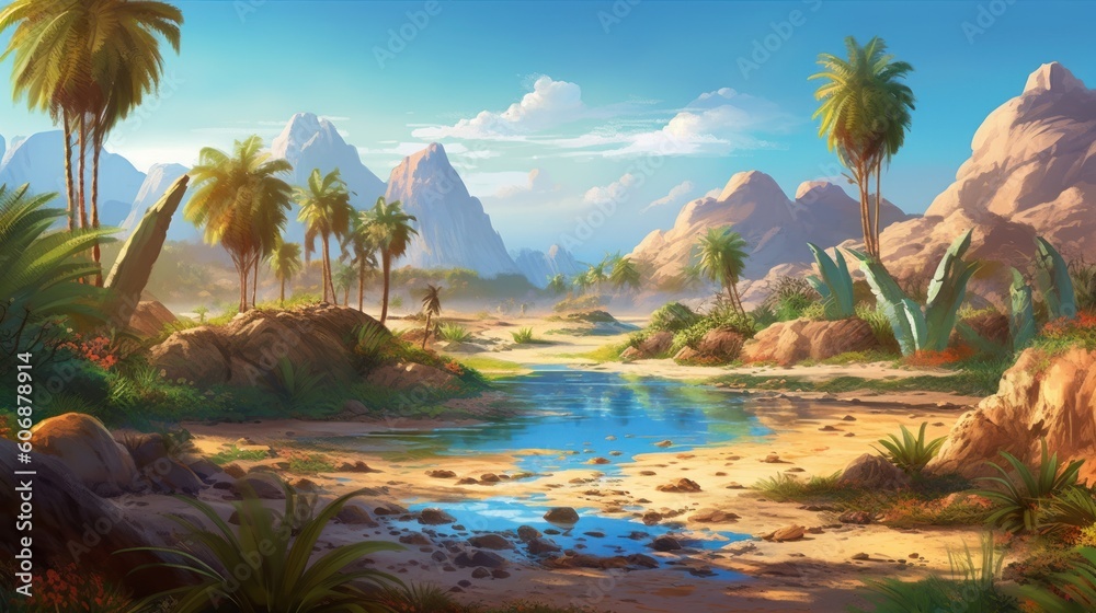 Illustrate an oasis in a vast desert, with palm trees, flowing water ...