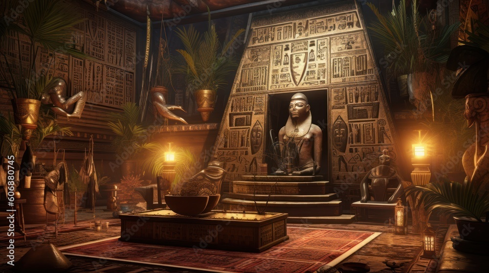 Scene inspired by ancient Egyptian mythology, featuring gods, pharaohs ...