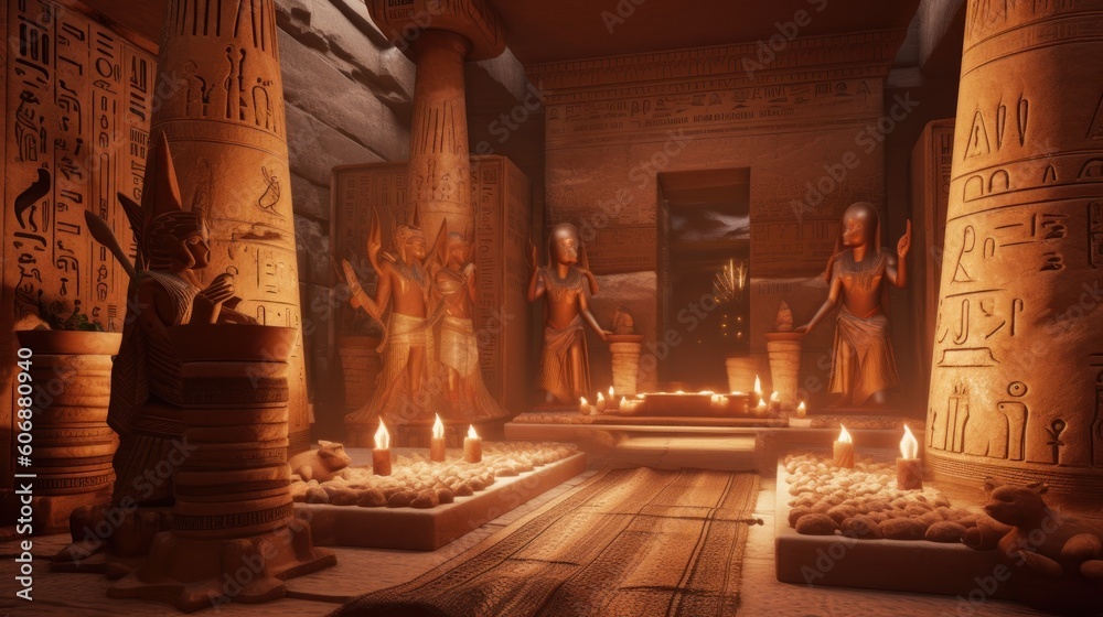Scene inspired by ancient Egyptian mythology, featuring gods, pharaohs ...