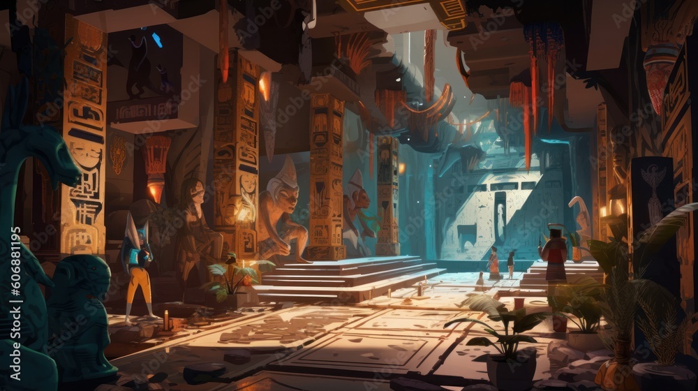 Scene inspired by ancient Egyptian mythology, featuring gods, pharaohs ...