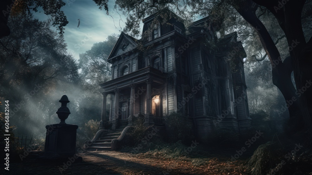 Spooky haunted mansion, complete with eerie architecture, ghostly ...