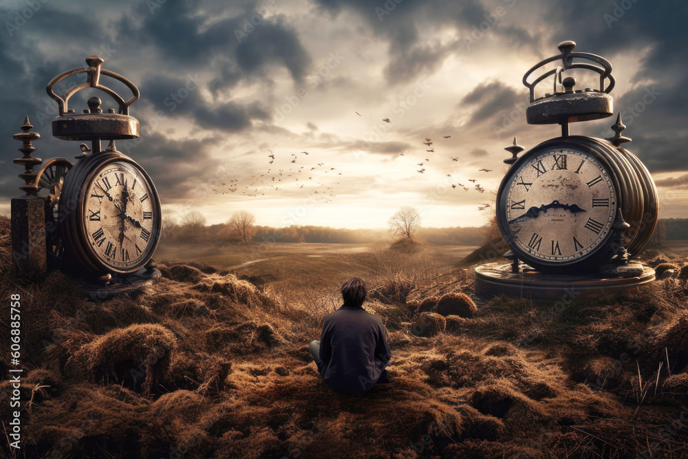 Man sitting in between two large clocks looking out over view of ...