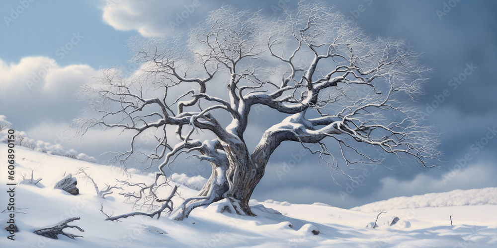 Resilient Solitude: A Mighty Tree Defying Winter's Grasp, a Symbol of ...