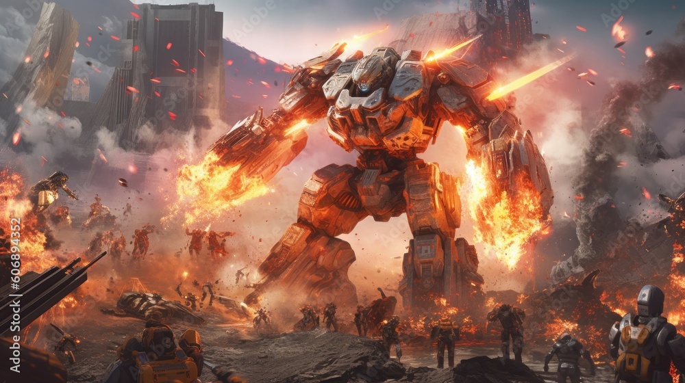 Epic clash between colossal mechs in a war - torn landscape, with ...