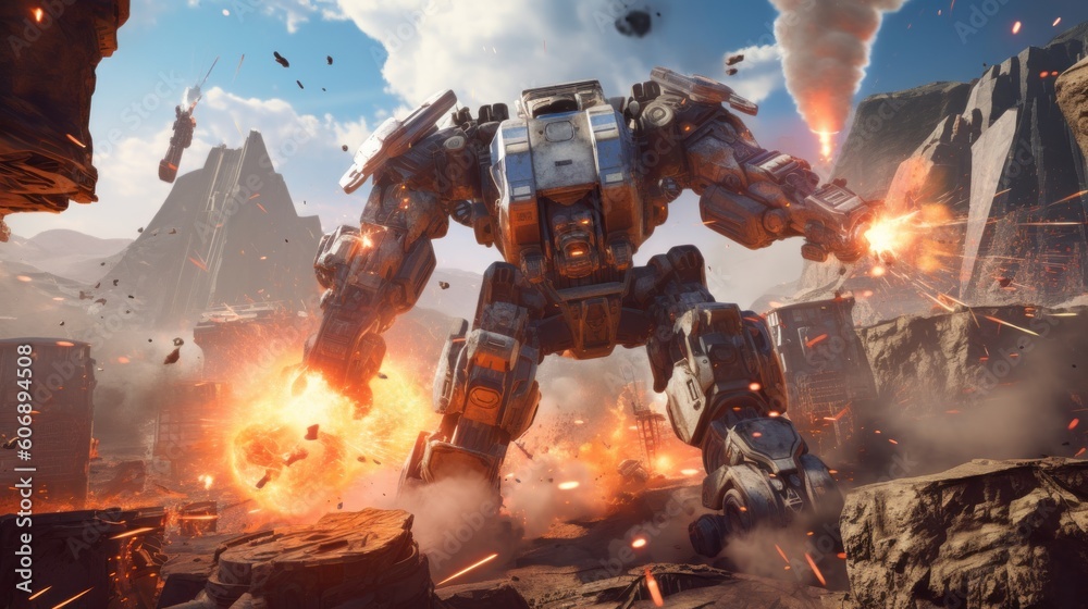 Epic clash between colossal mechs in a war - torn landscape, with ...