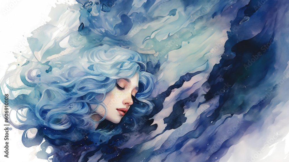 Mythical elemental princess of air and water, nature spirit with pale ...