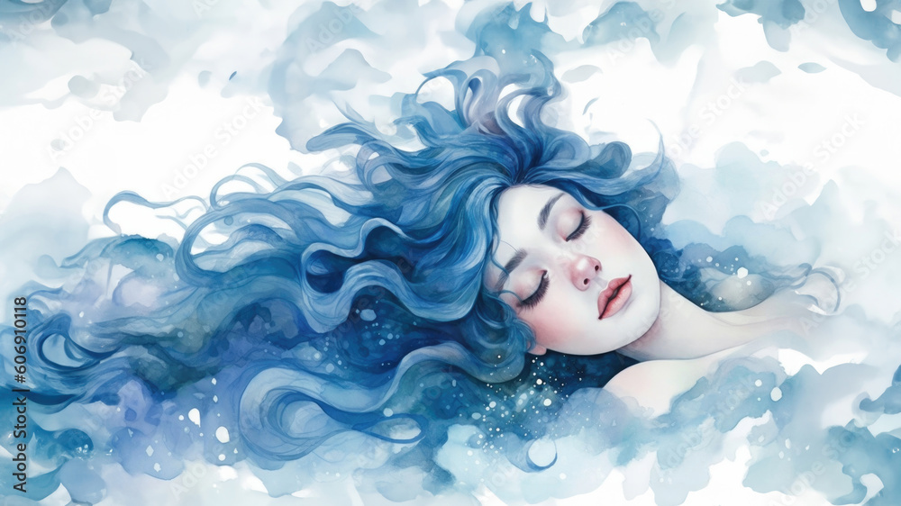 Mythical elemental princess of air and water, nature spirit with pale ...